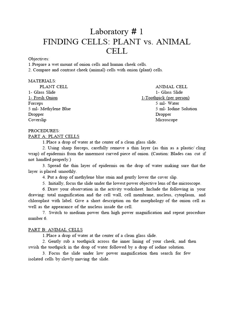 Laboratory 1 FINDING CELLS PLANT vs. ANIMAL CELL Finale | PDF | Cell ...