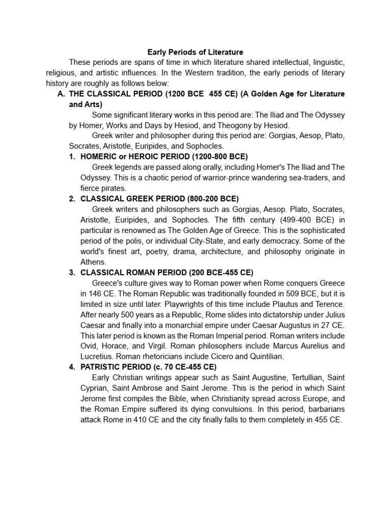 Early Periods of Literature (Classical and Medieval Periods) | PDF ...