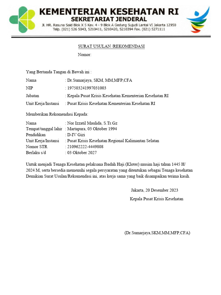 Surat Usulan Rekomendasi Mengikuti Tkhi Nor Izzatil Maulida | PDF | Pengembangan Diri