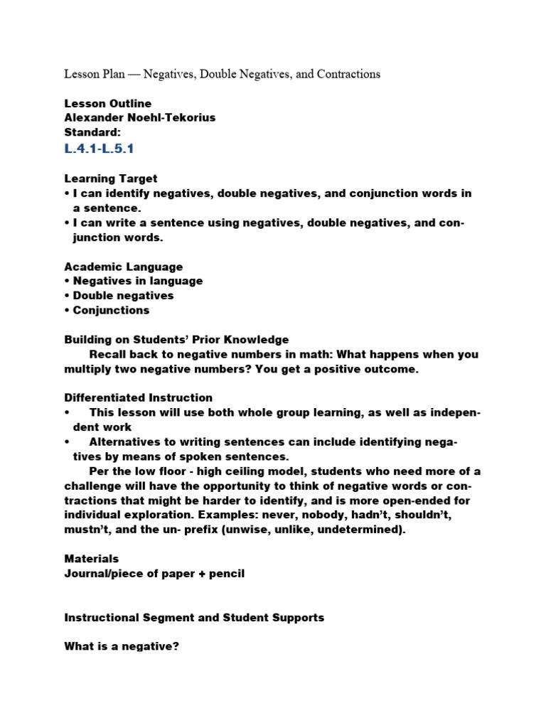 Lesson Plan - Negatives, Double Negatives, and Contractions | Download ...