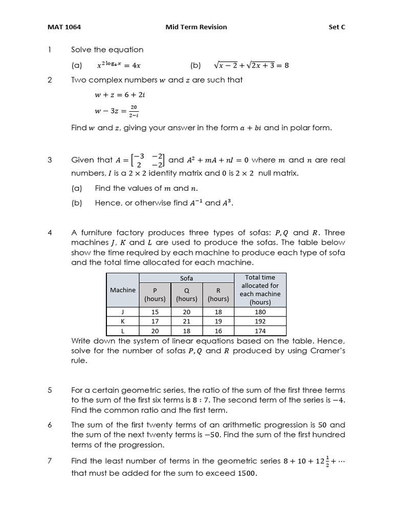 Mid Term Revision Set C | PDF | Matrix (Mathematics) | Complex Number