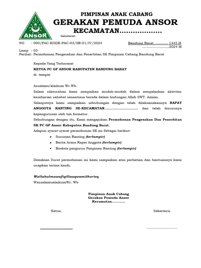 Format Surat Permohonan SK Ranting | PDF