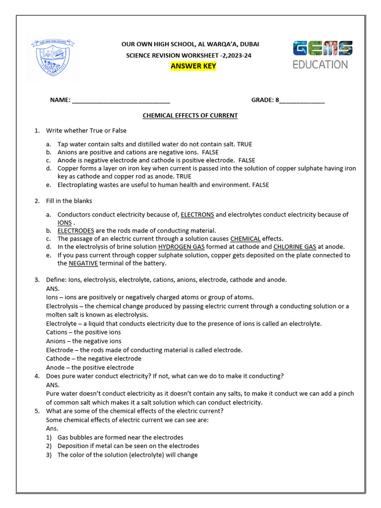 Answer Key SCIENCE REVISION WORKSHEET 2 2023-2024 | PDF | Fertilisation ...