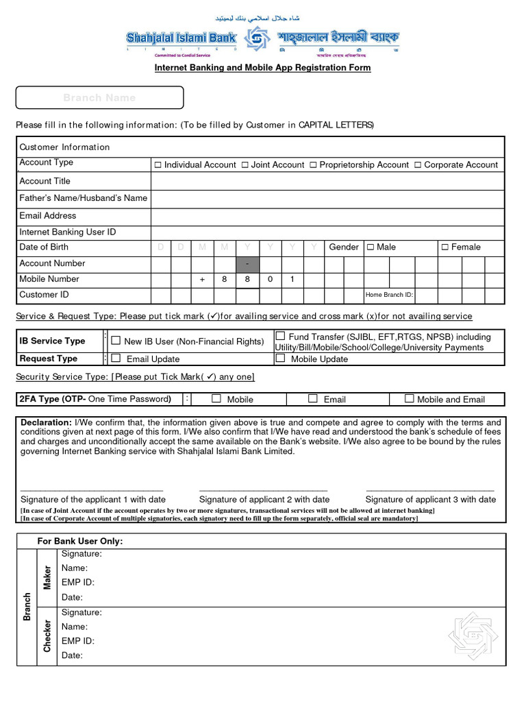 SJIBL Internet Banking Registration Form | PDF | Online Banking | Banks ...