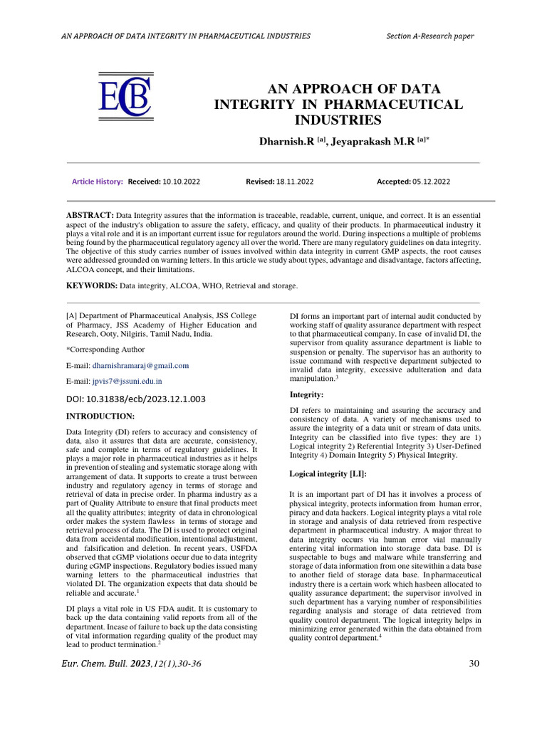 An Approach of Data Integrity in Pharmaceutical Industries | PDF