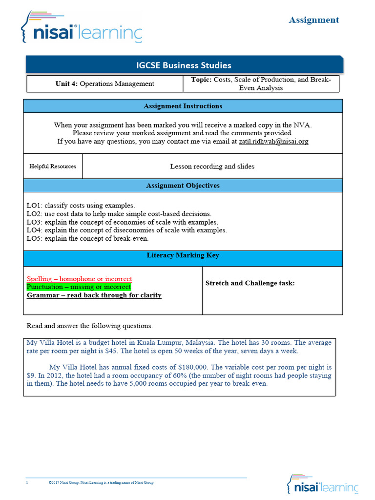 30 - 31. IGCSE - Business Studies - Costs Scale of Production and Break-Even Analysis ...