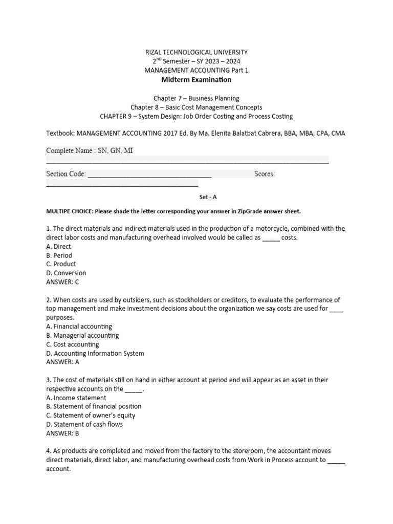 Midterm AC17 Set A 2nd Sem. SY 2023 2024 1 | Download Free PDF | Profit (Economics) | Cost