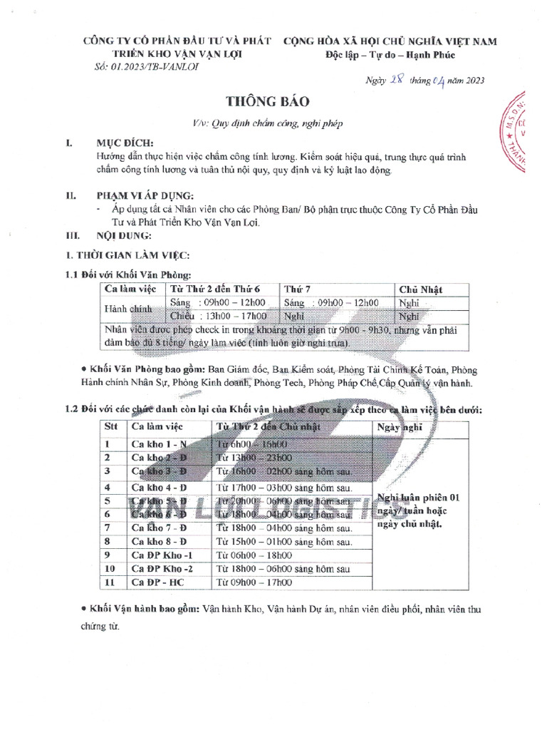 Tb01.Quy Dinh Cham Cong Nghi Phep | PDF