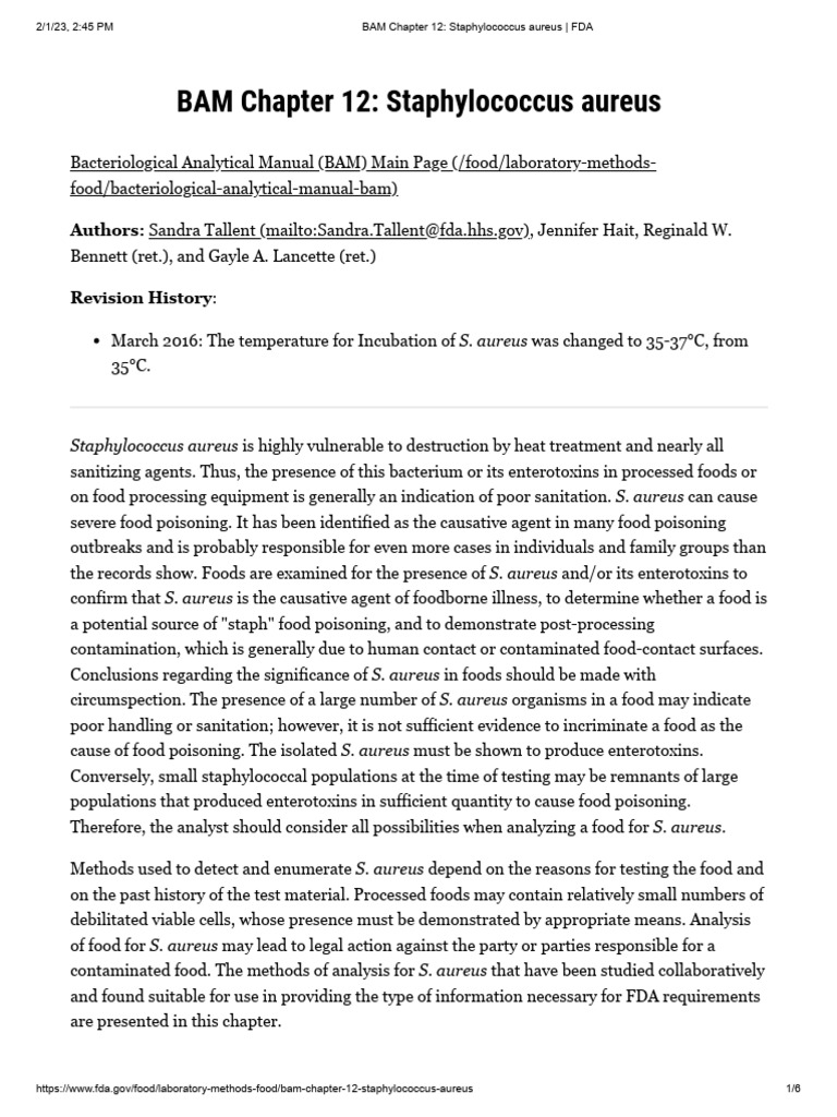 BAM Chapter 12 - Staphylococcus Aureus - FDA | PDF | Staphylococcus | Foodborne Illness