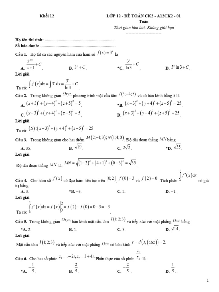 LOP 12 - DE TOAN CK2 - A12CK2 - 01 d41d8c 07 04 2024 | PDF