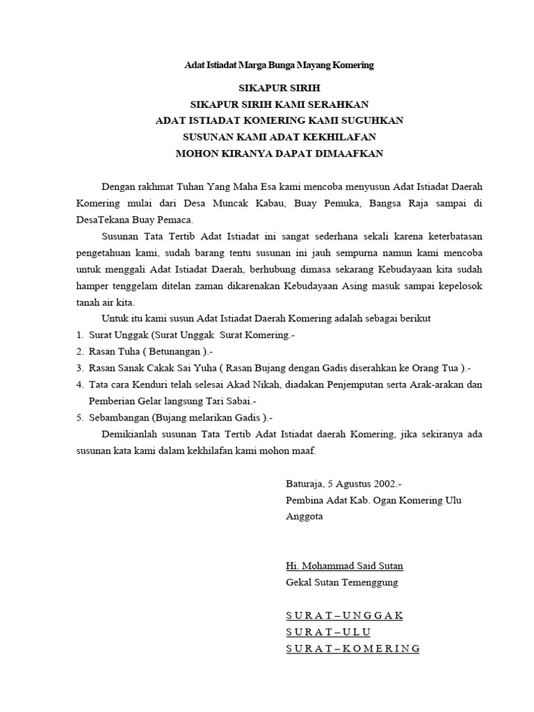 Adat Istiadat Marga Bunga Mayang Komering | PDF | Memasak, Makanan ...