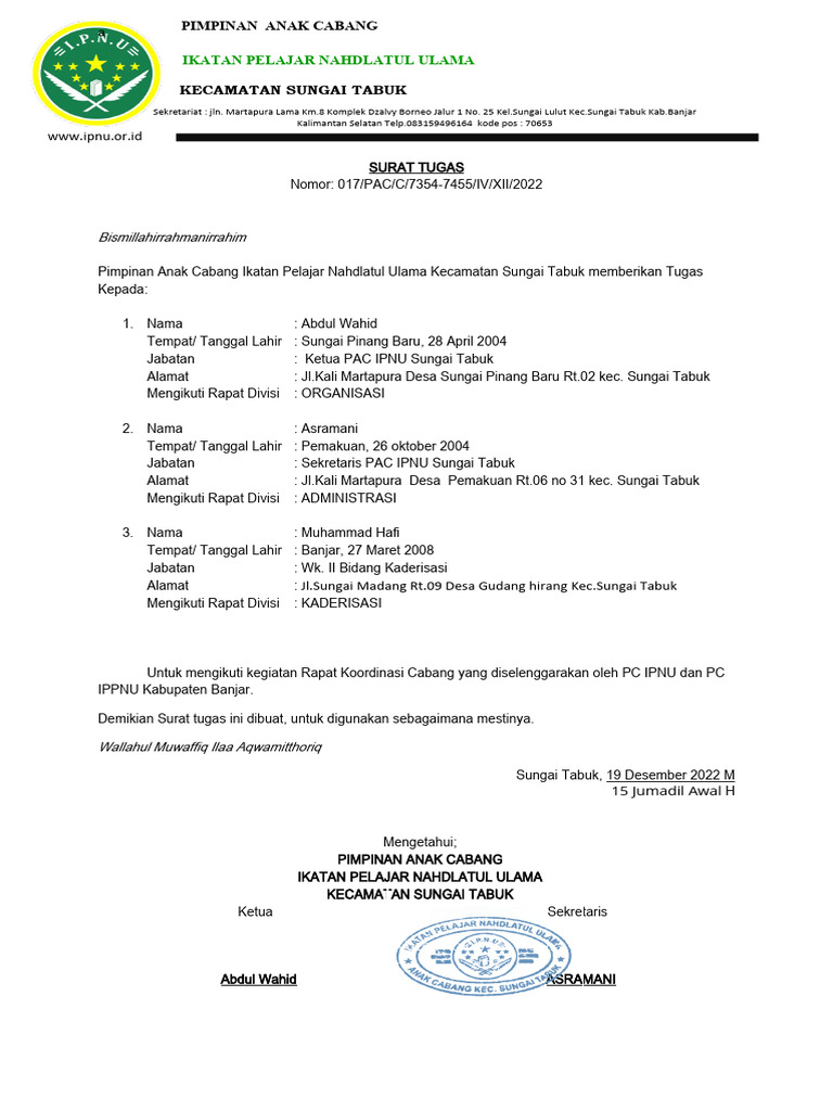 Contoh Surat Tugas IPNU | PDF