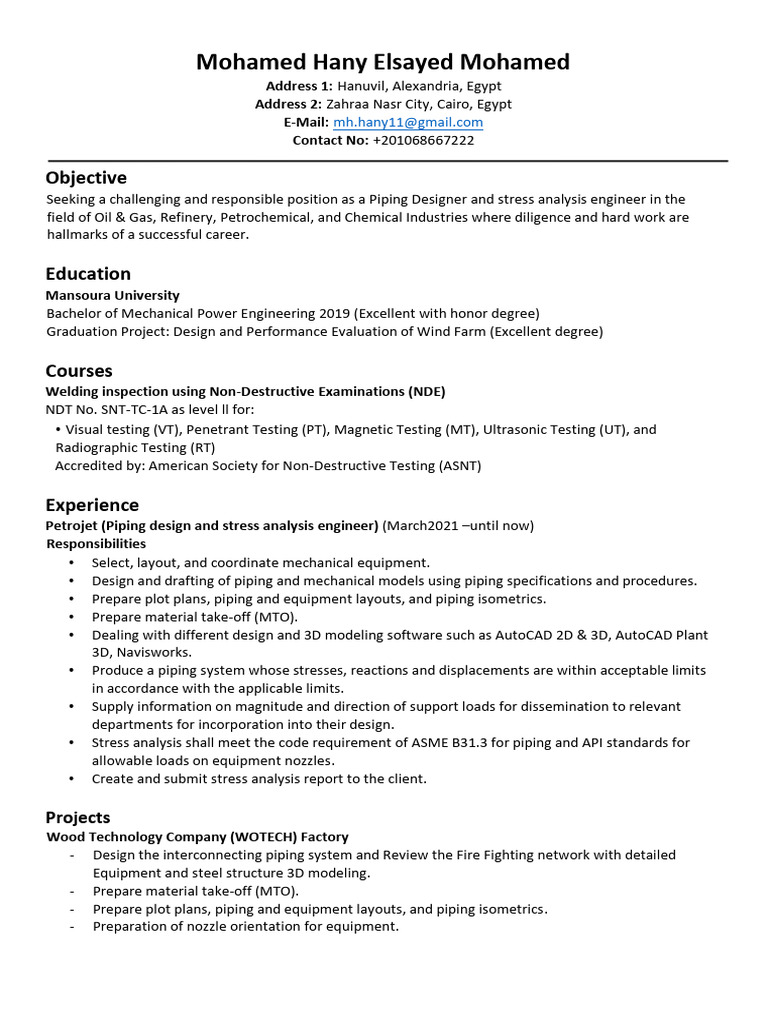 Mohamed Hany Elsayed CV | PDF | Nondestructive Testing | Mechanical ...