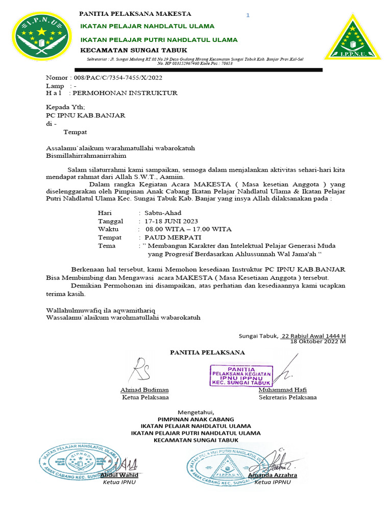 Contoh Surat Permohonan Instruktur IPNU IPPNU | PDF Contoh Surat Permohonan Instruktur IPNU IPPNU | PDF