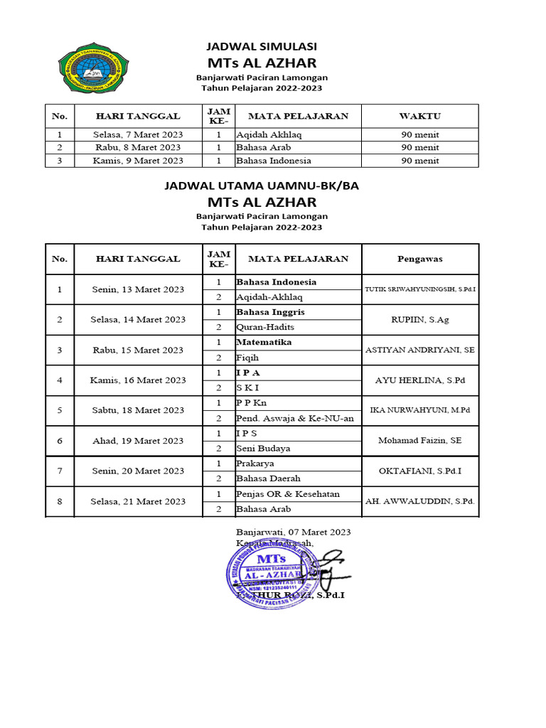 Jadwal Ujian MTs Al Azhar 2022-2024 | PDF