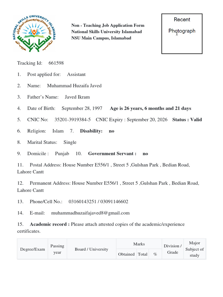Non-Teaching Job Application Form | PDF