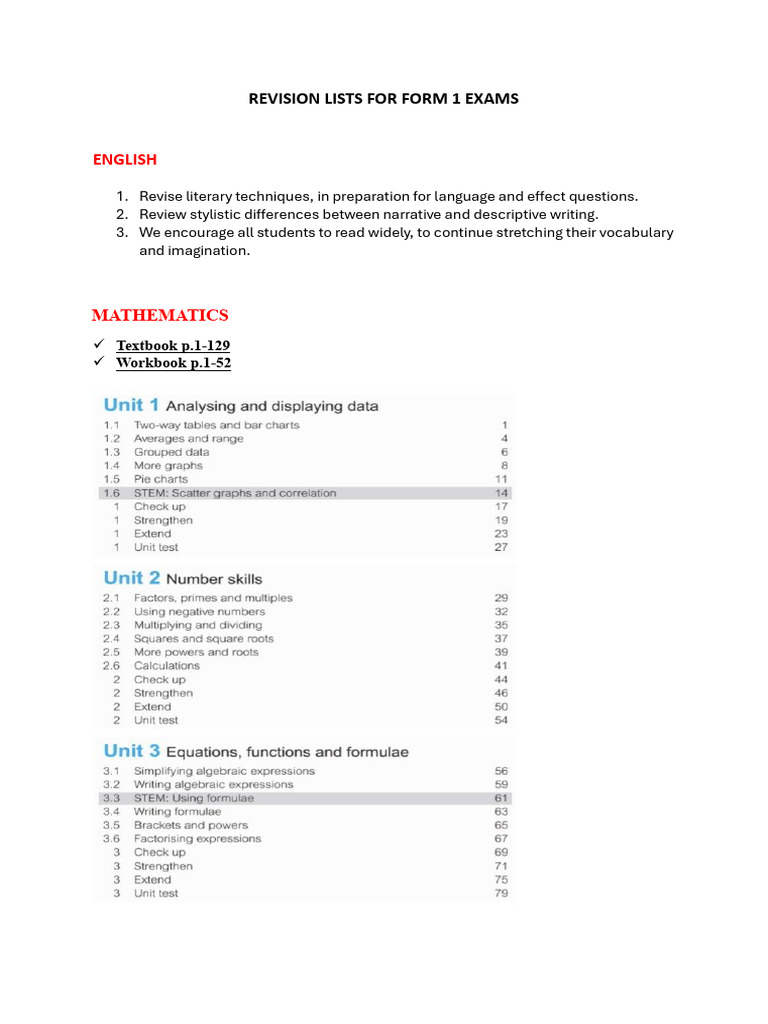 Revision Lists For Form 1 Exams | PDF | Grammatical Gender ...