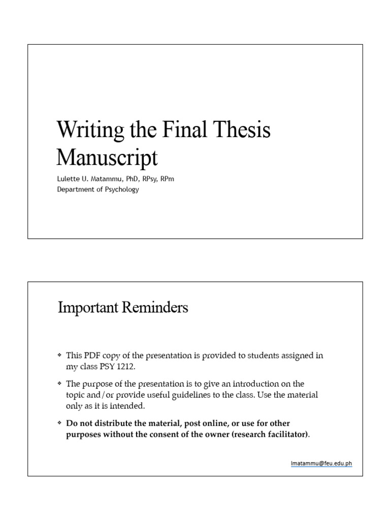 Writing The Final Thesis Manuscript - 3.key | PDF | Paragraph | Apa Style