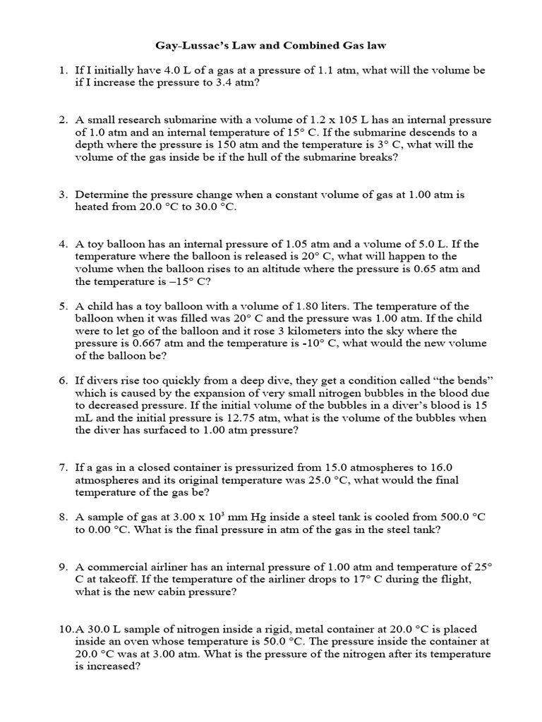 Gay Lussacs and Combined Gas Laws | PDF