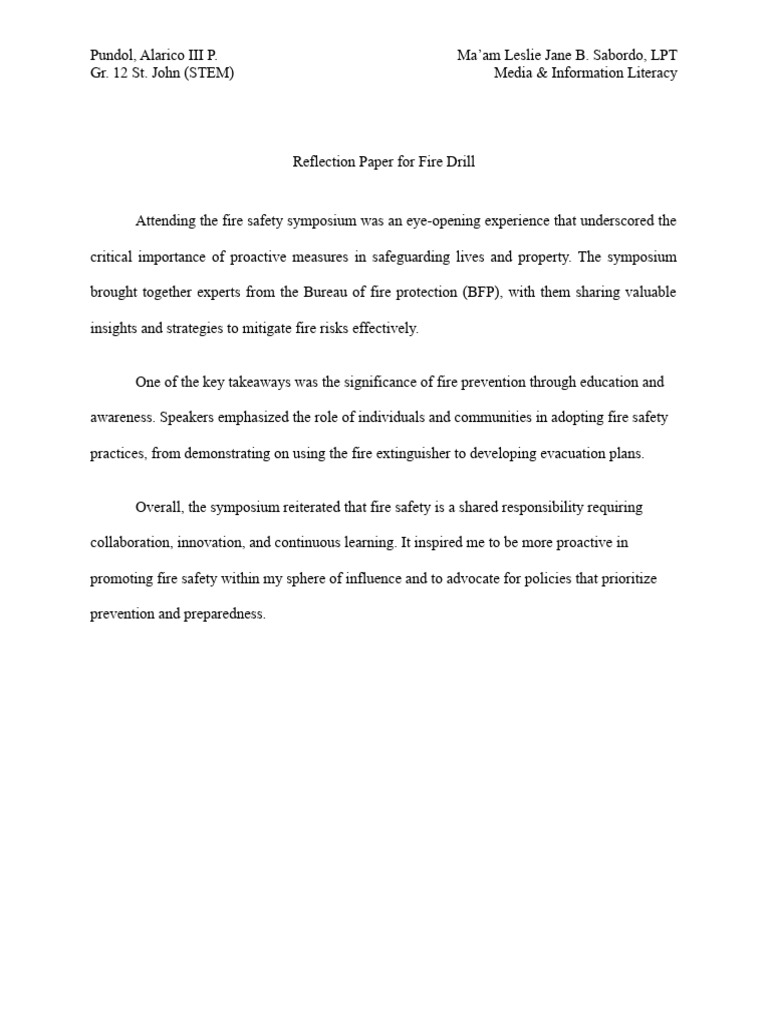 Reflection Paper For Fire Drill | PDF | Science, Technology ...