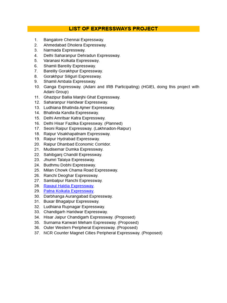 List of Expressway Projects in India | PDF | Business | Technology ...