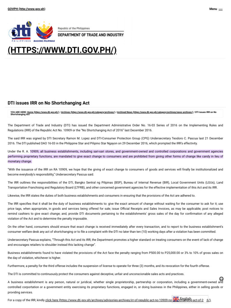 DTI Issues IRR On No Shortchanging Act - Department of Trade and Industry Philippines | PDF ...