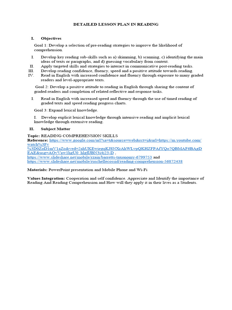 Reading Comprehension Skills Lesson Plan | PDF | Reading Comprehension ...