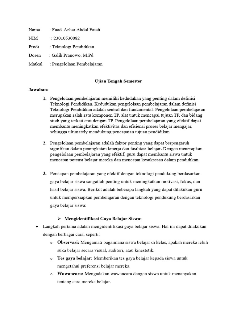 Fuad Ahar Abdul Fatah - UTS (Pengelolaan Pembelajaran) | PDF | Karier & Perkembangan