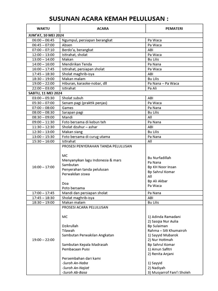 Susunan Acara Inti Kemah Pelulusan 2024 | PDF