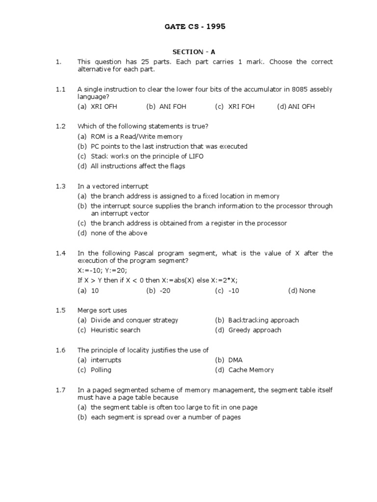 Gate Cs Paper 1995 Areas Of Computer Science Computer Engineering