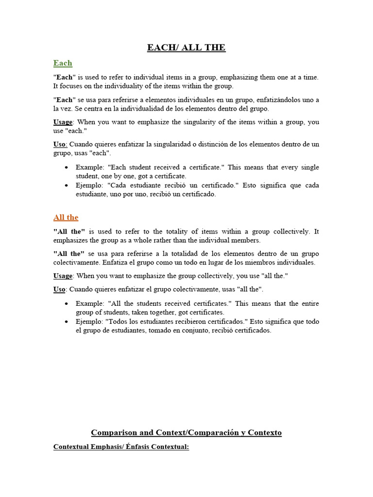 Uso de "Each" y "All the" en Inglés | PDF | Numero Gramatical | Morfología