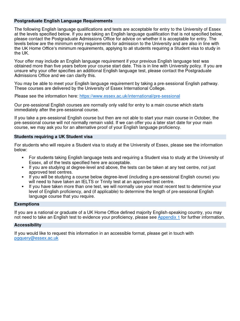 University of Essex English Requirements | PDF | International English ...