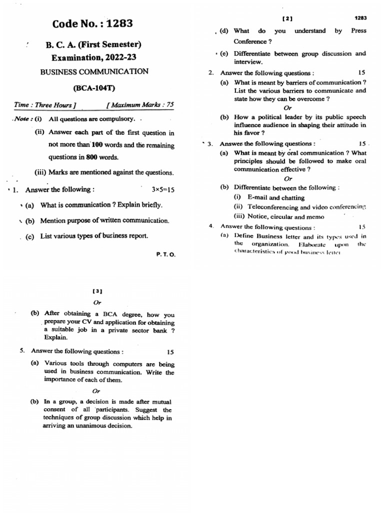 Bca 1 Sem Business Communication 1283 2023 | PDF
