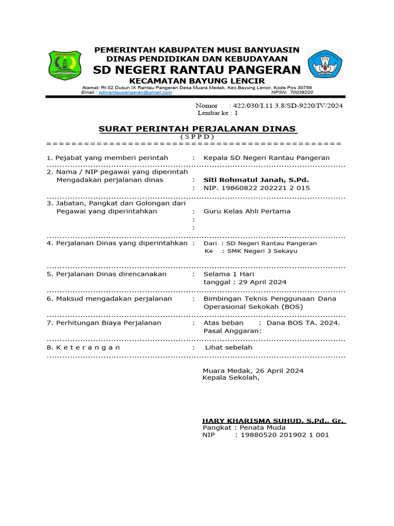 Contoh SPPD Dan Laporan Pertanggung Jawabannya Dana Bos | PDF