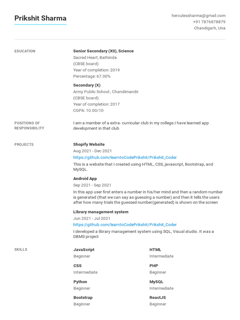 Prikshit Sharma: Senior Secondary (XII), Science | PDF