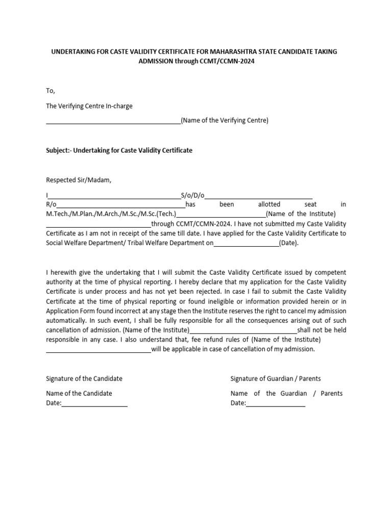 Undertaking For Caste Validity Certificate For Maharashtra State ...
