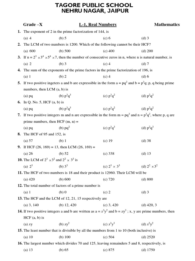 Mathematics Worksheet MCQ Class 10 | PDF | Numbers | Rational Number