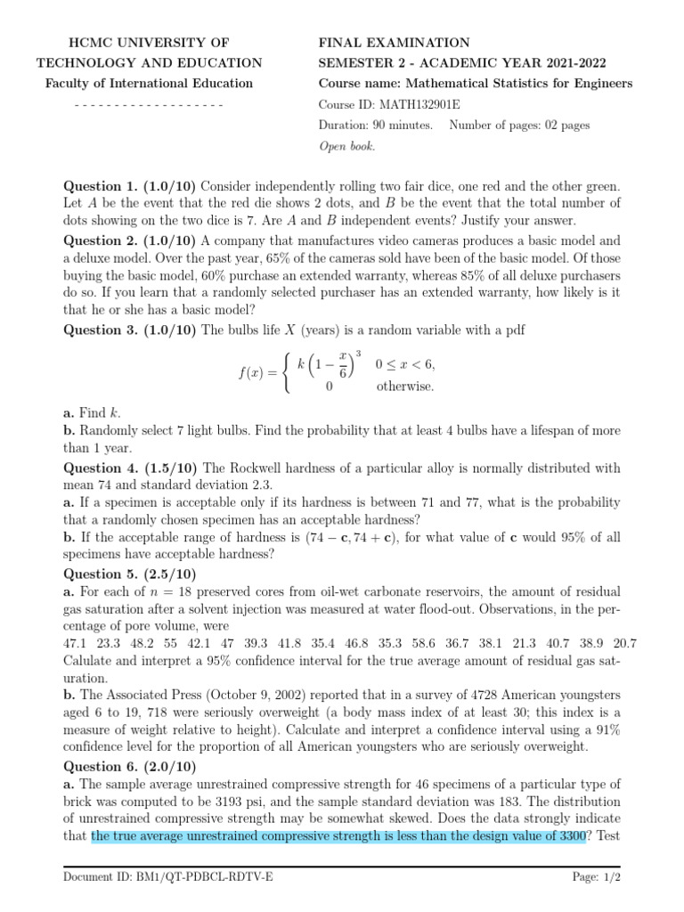 Probability and Statistics 2021-2022 (Se2) | PDF | Statistics | Applied Mathematics