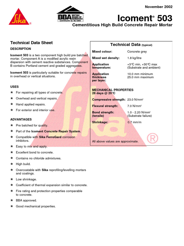 (Sika) Icoment 503 | PDF | Concrete | Materials