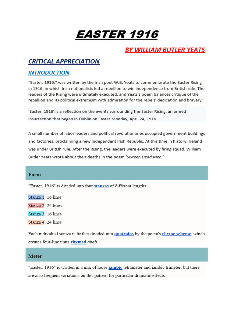 Yeats' "Easter 1916": Poem Analysis | PDF