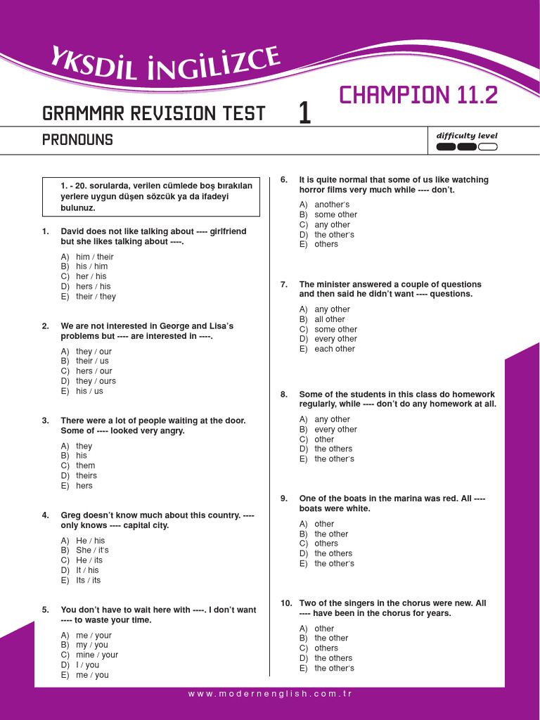 Pronouns Grammar Revision Test | PDF