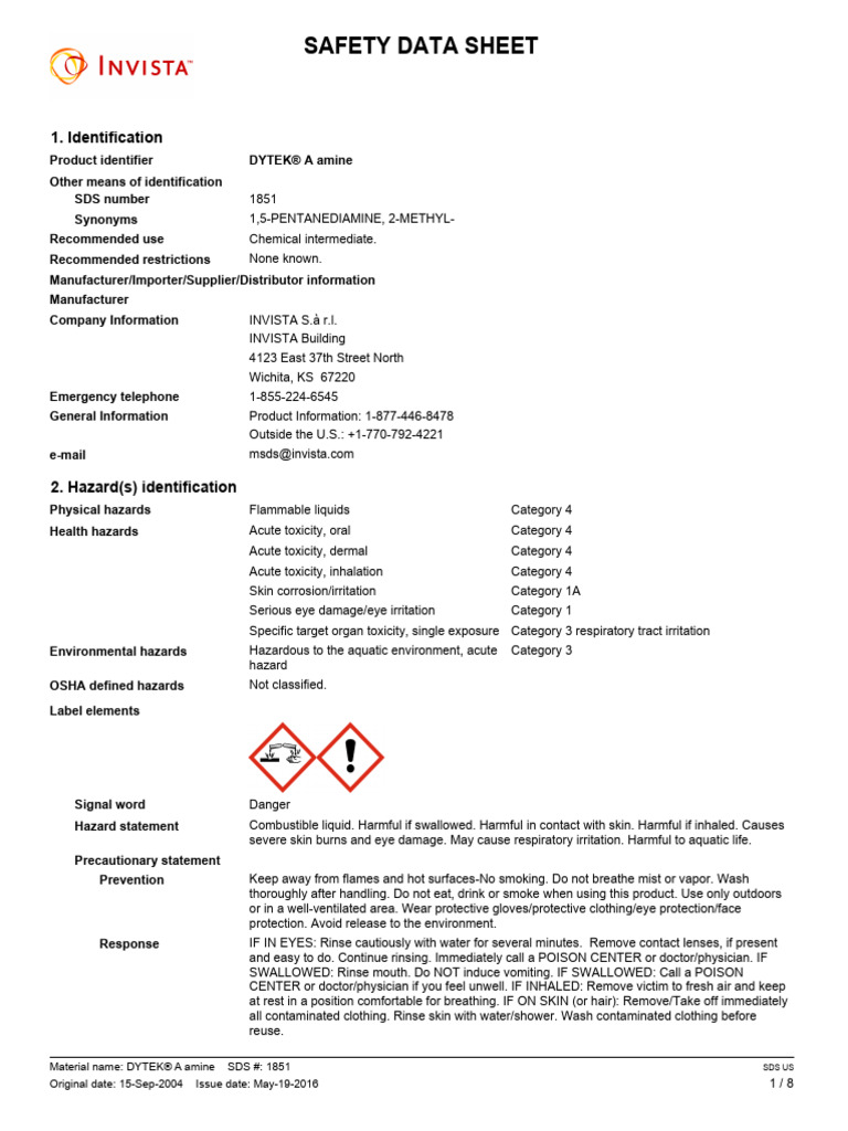 Dytek A 2 Methylpentamethylenediamine Safety Data Sheet | PDF ...
