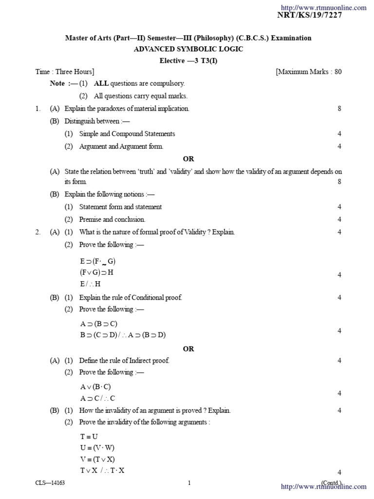 Ma 3 Sem Philosophy Advanced Symbolic Logic 7227 Summer 2019 | PDF | Argument | Logic