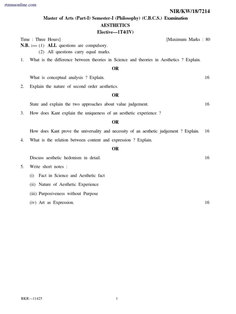 Aesthetics Exam Questions for MA Philosophy | PDF | Aesthetics | Mental ...