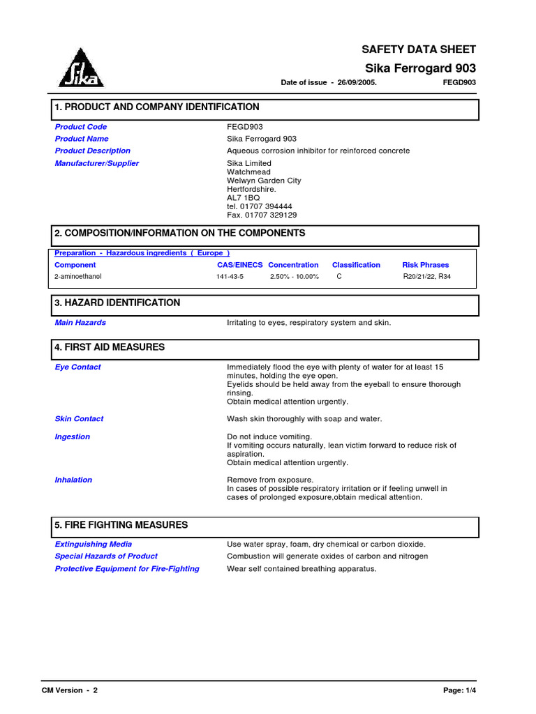 (Sika) Sika Ferrogard 903 | Download Free PDF | Materials | Safety