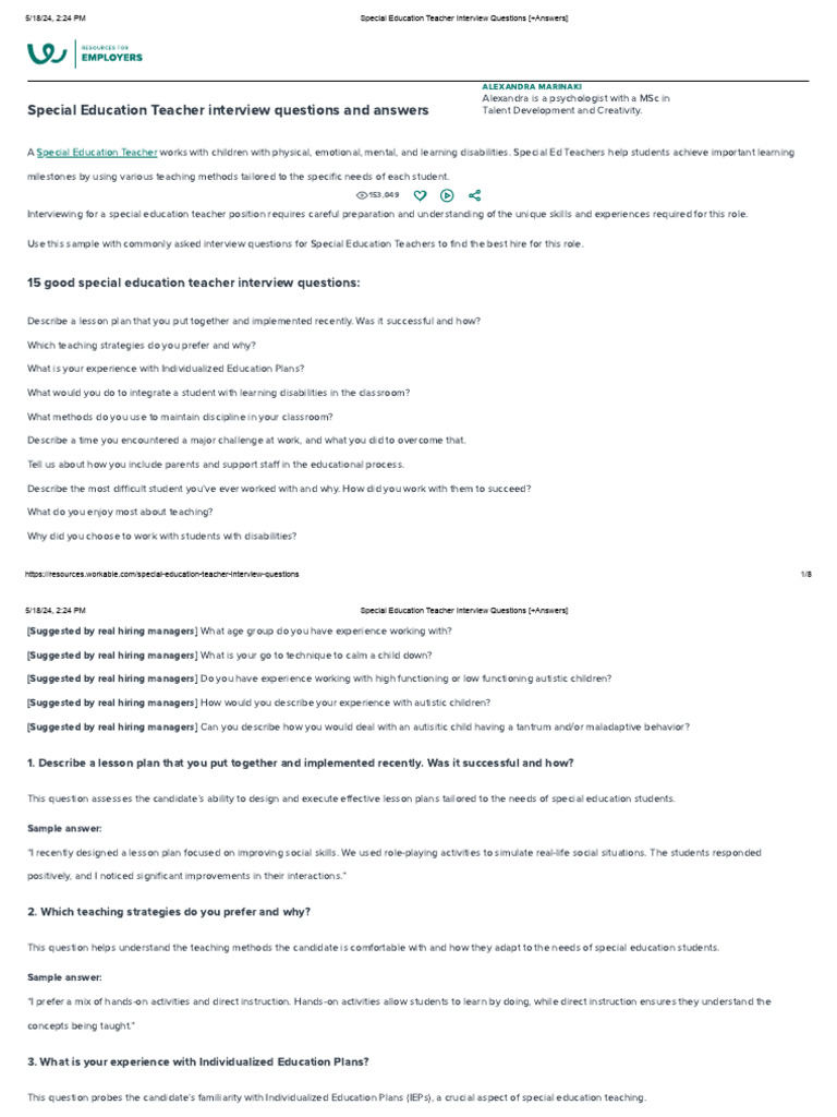 Special Ed Teacher Interview Q&A | PDF | Special Education ...