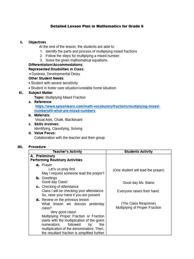 Detailed Lesson Plan in Mathematics For Grade 6 | PDF | Arithmetic | Mathematics