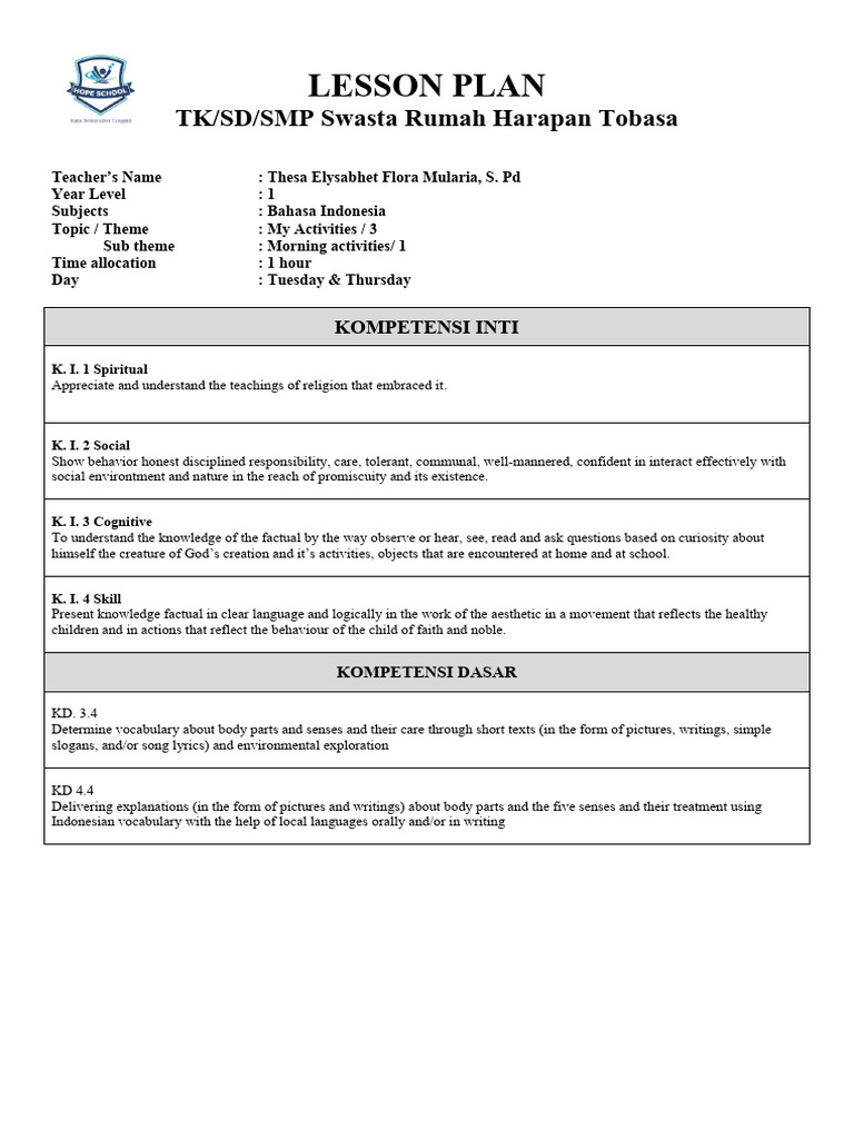 Lesson Plan: Bahasa Indonesia for Grade 1 | PDF | Learning | Knowledge