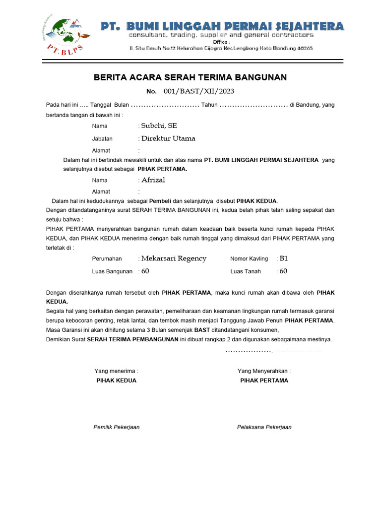 BAST Serah Terima Bangunan Rumah | PDF