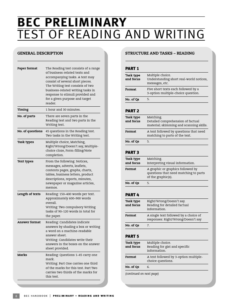 BEC Preliminary Reading Guide | PDF | Multiple Choice | Reading ...